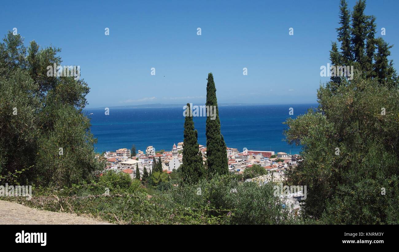 Two trees above the city of Zakynthos, viewed from Bochali Stock Photo ...