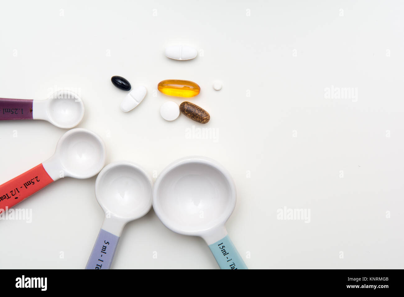 Medicine pills and tablets with spoons to measure medicine dose ...