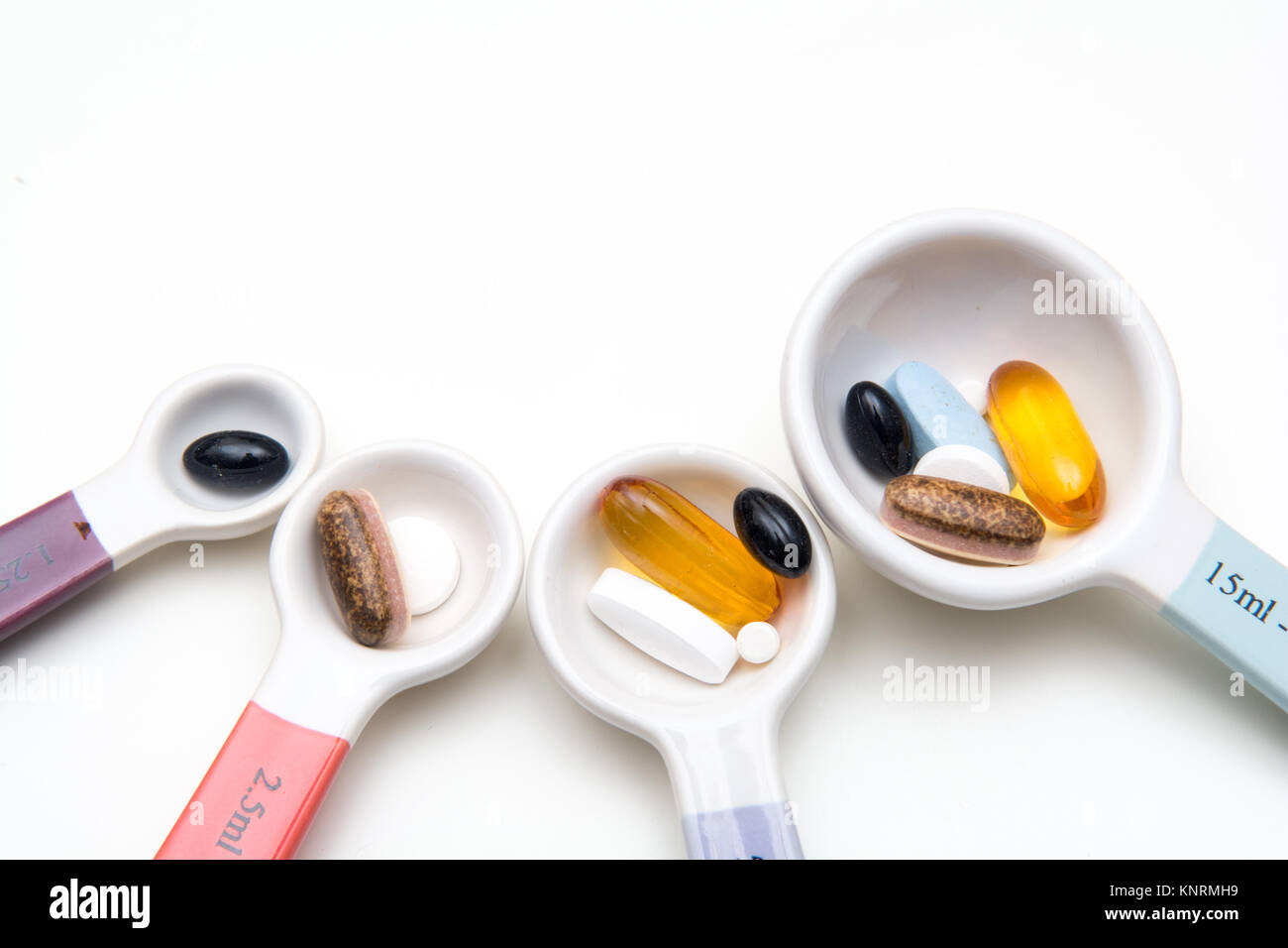 Medicine pills and tablets with spoons to measure medicine dose ...