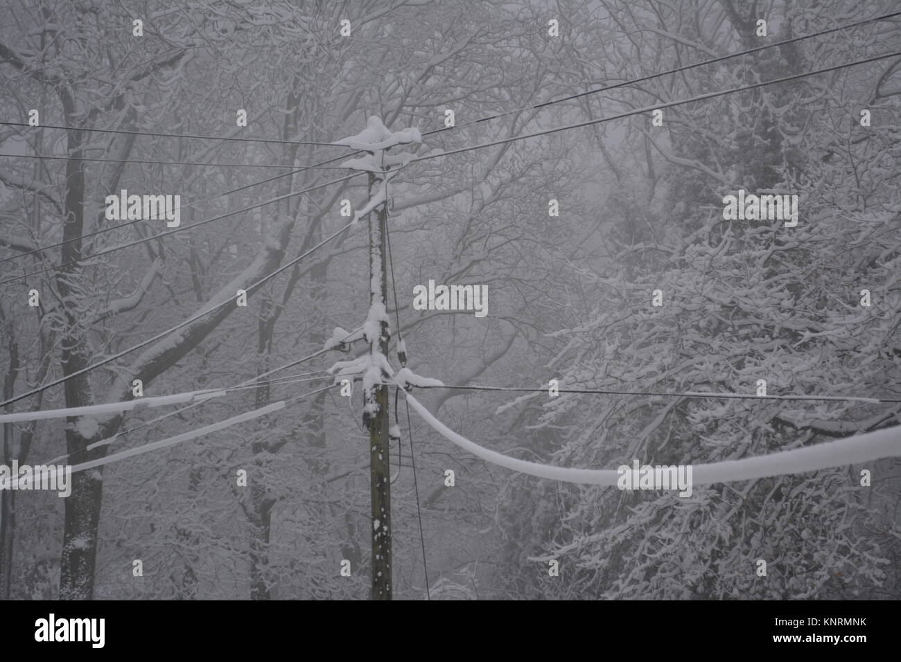 power lines and telephone wires in harsh landscape during a very heavy ...