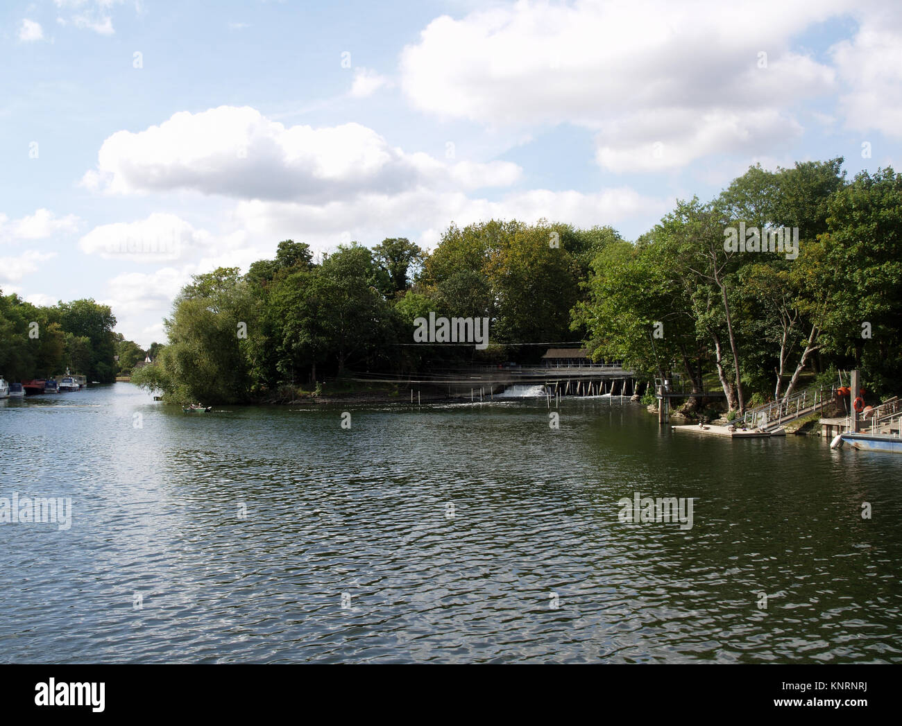 View across river towards Shepperton Lock from bank of the River Thames ...