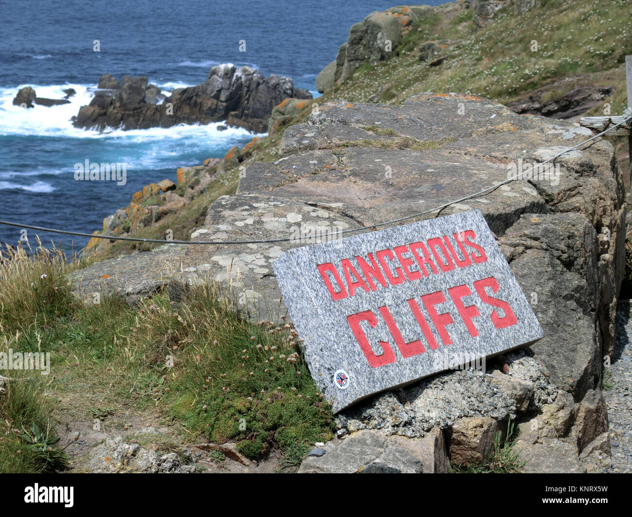 Dangerous Cliffs Warning Sign, Land's End, Penwith Peninsula, Cornwall ...