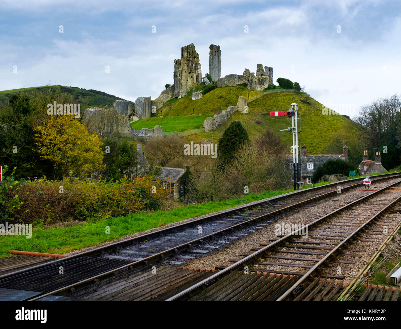View of the Castle from the platform of the Corfe Castle Railway ...