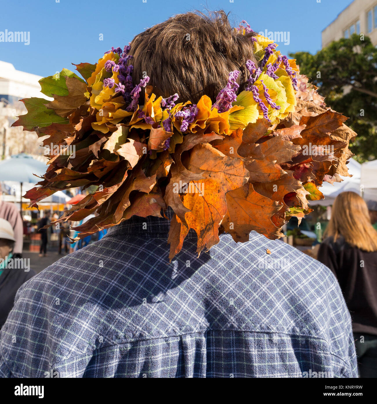 Theron Milton Nelson, maker of wearable flower & leaf clothes, wearing ...