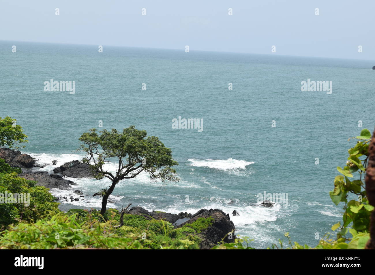 Sea view from mountain. Sea, trees and mountain. Rocky sea view with ...