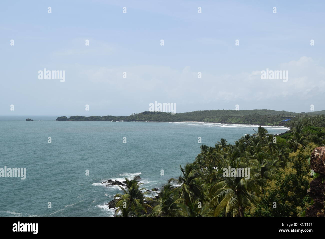 Sea view from mountain. Sea, trees and mountain. Rocky sea view with ...