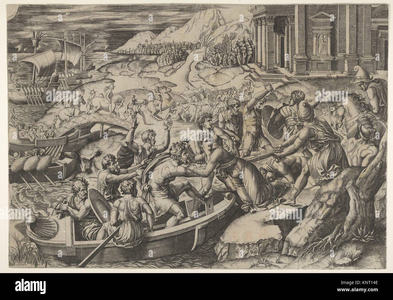 The abduction of Helen; battle scene on a shore with two men pulling ...