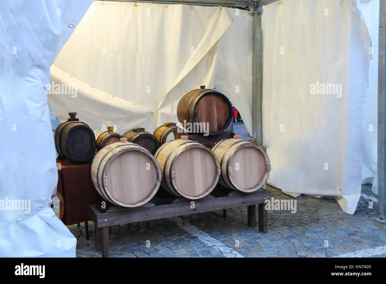 New wooden barrels under tent Stock Photo - Alamy