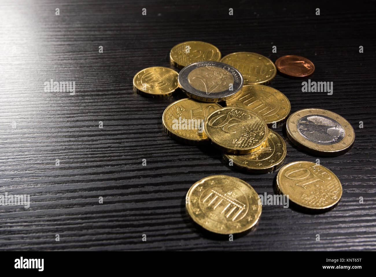 European Coins Euros Stack Metal Colors Currency Desk Black Stock Photo ...
