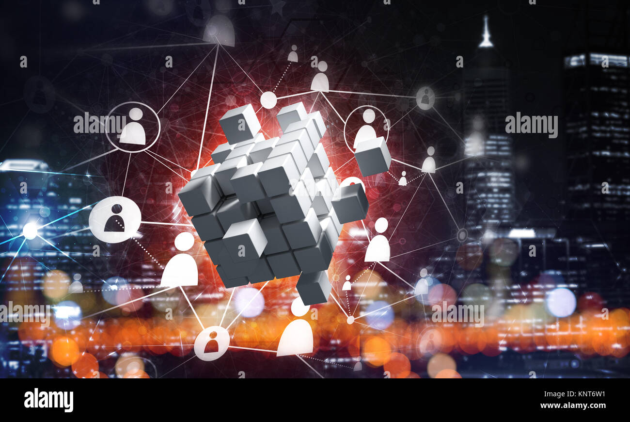 Concept of Internet and networking with digital cube figure on dark ...