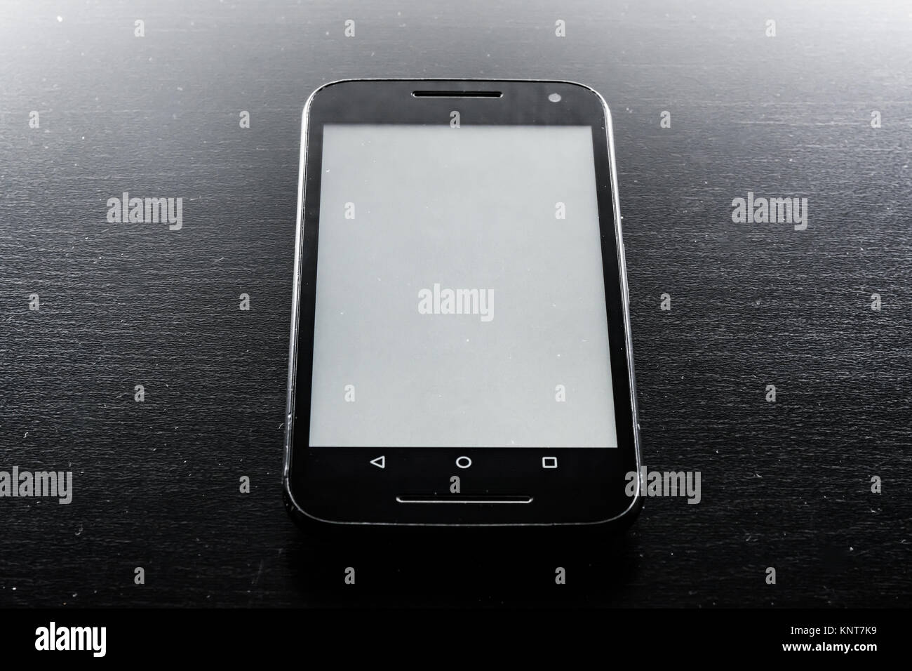 Blank White Screen Frame Cell Phone Android Black Wood Desk Stock Photo ...