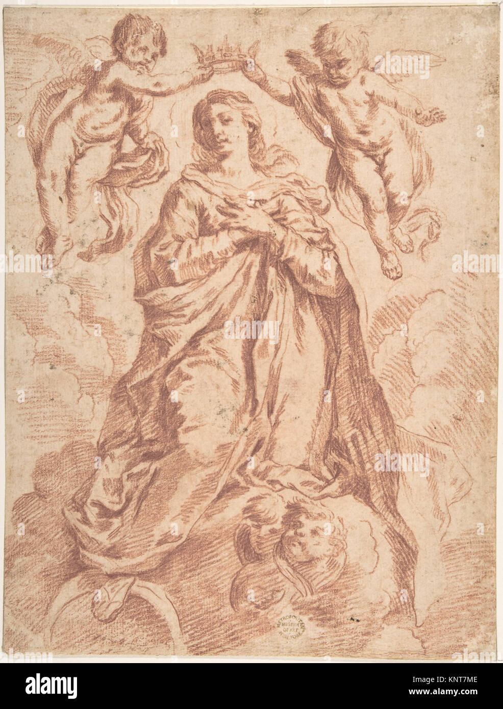 Illustration of the Coronation of the Virgin, cataloged MET DP800305 336418, showing seated ...