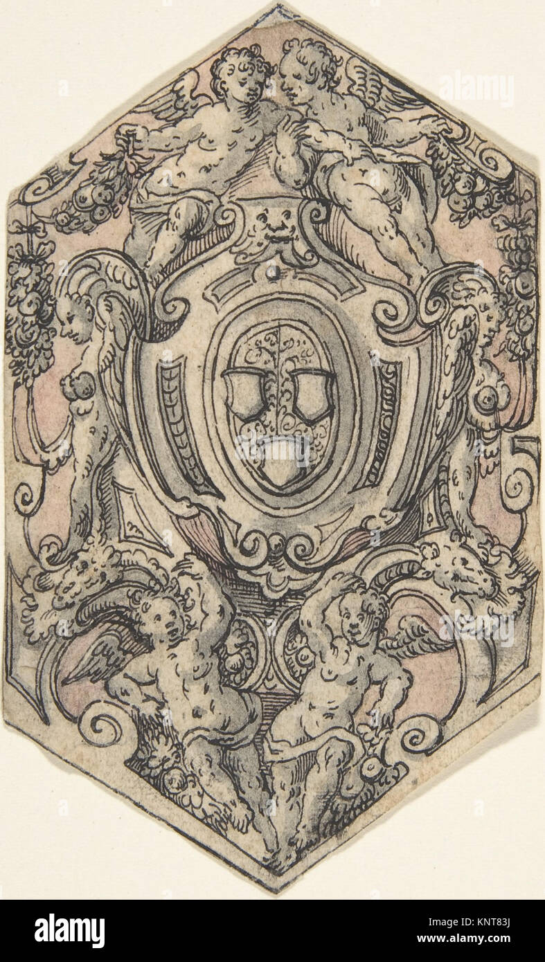 Illustration of a coat of arms design with putti holding garlands ...