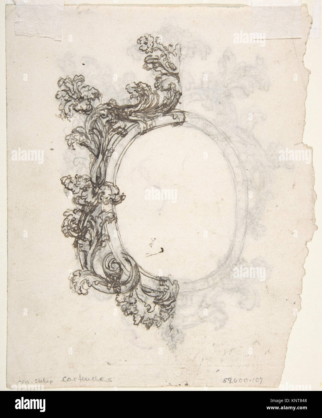 Design showing a decorative oval frame in full on the recto and a ...