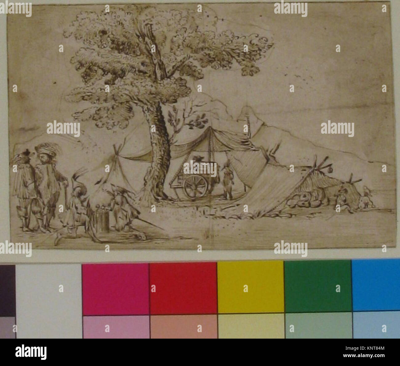 An illustration showing a bivouac, including tents, campfires, and ...
