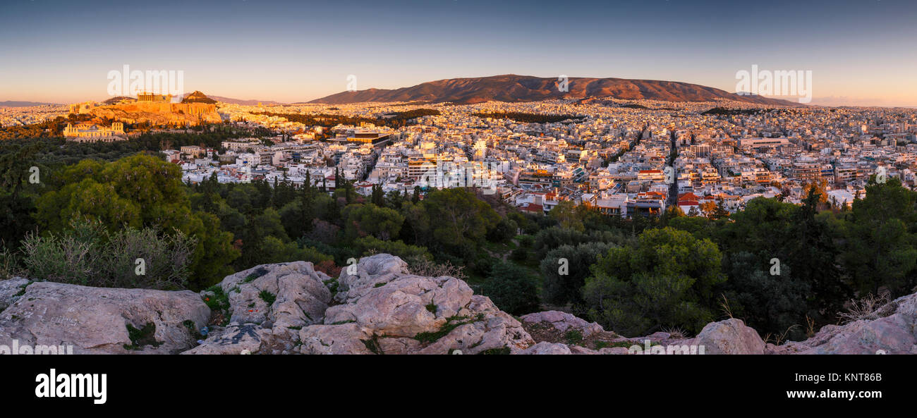 View of Acropolis and Athens from Filopappou hill at sunset, Greece Stock Photo - Alamy