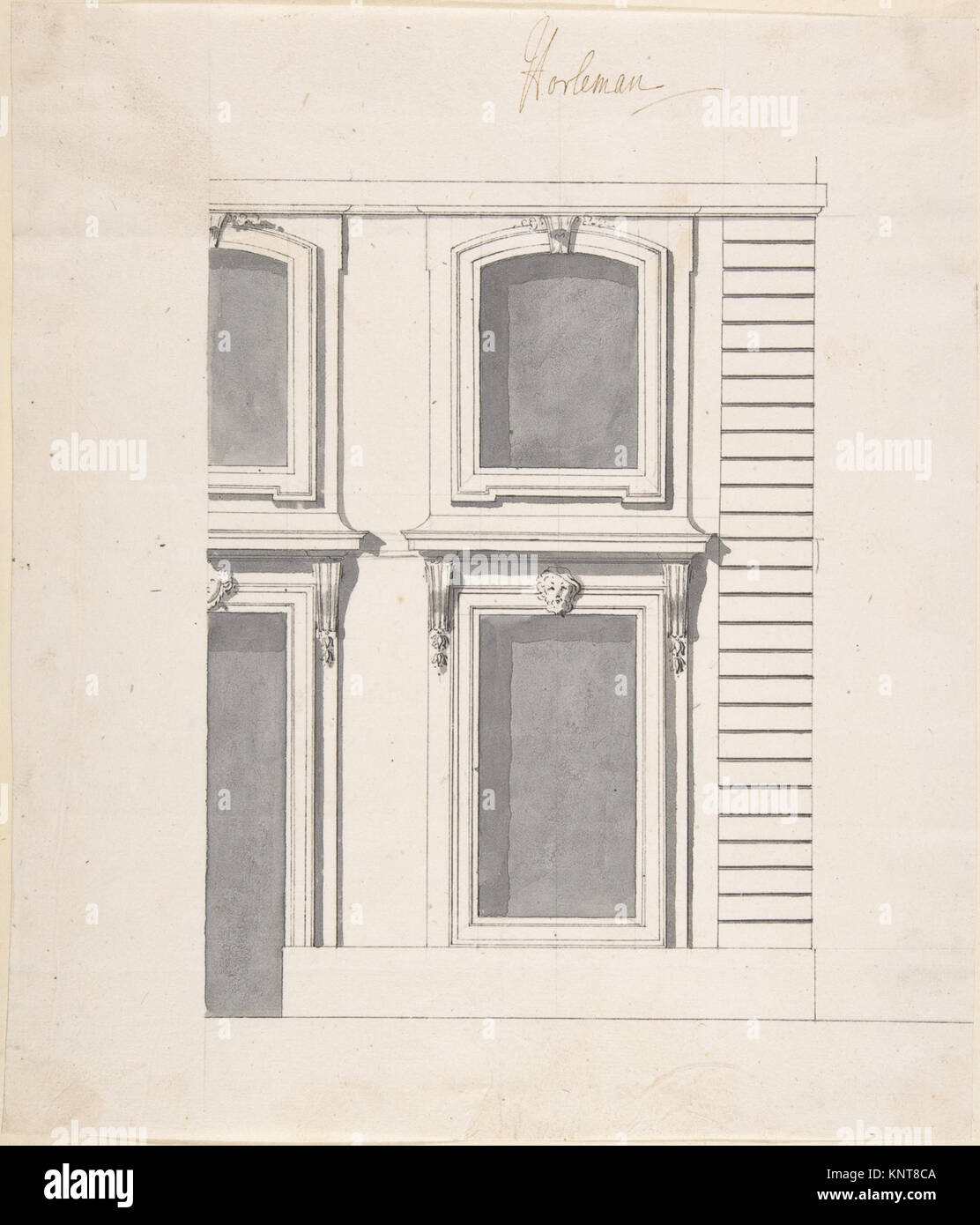 This architectural drawing shows a palace facade with detailed windows ...