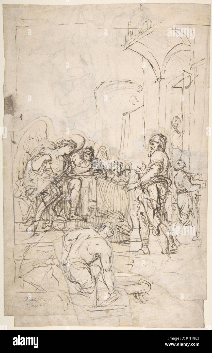 Recto shows Abraham entertaining three angels; verso depicts a couple ...