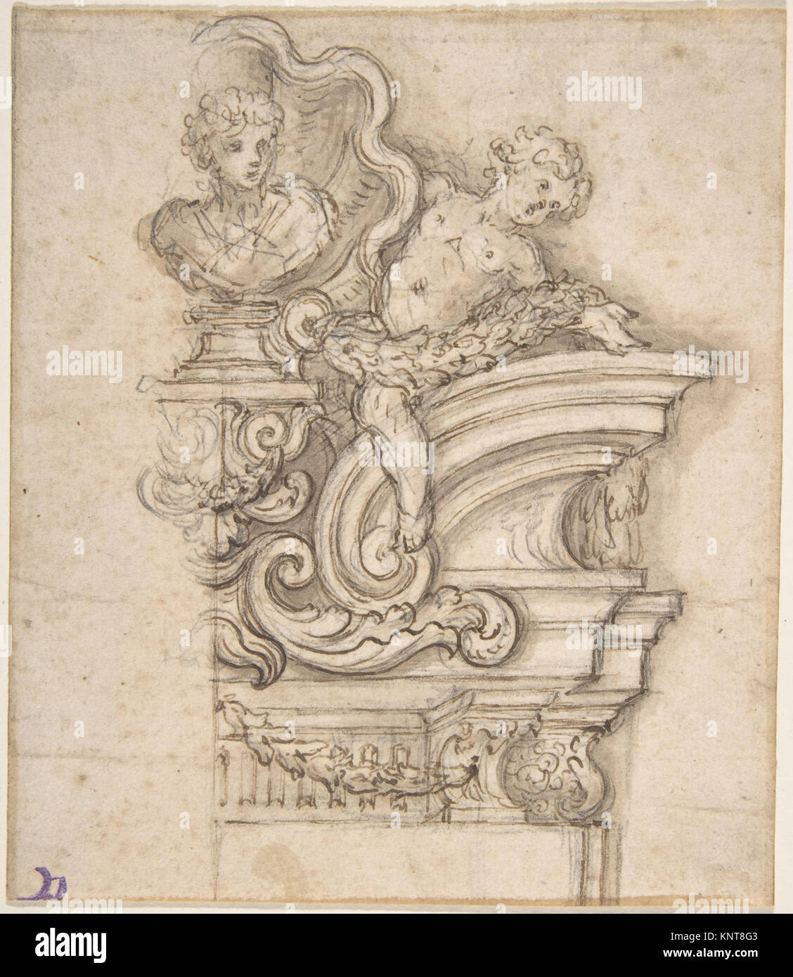 This illustration shows the right half of an overdoor decoration ...