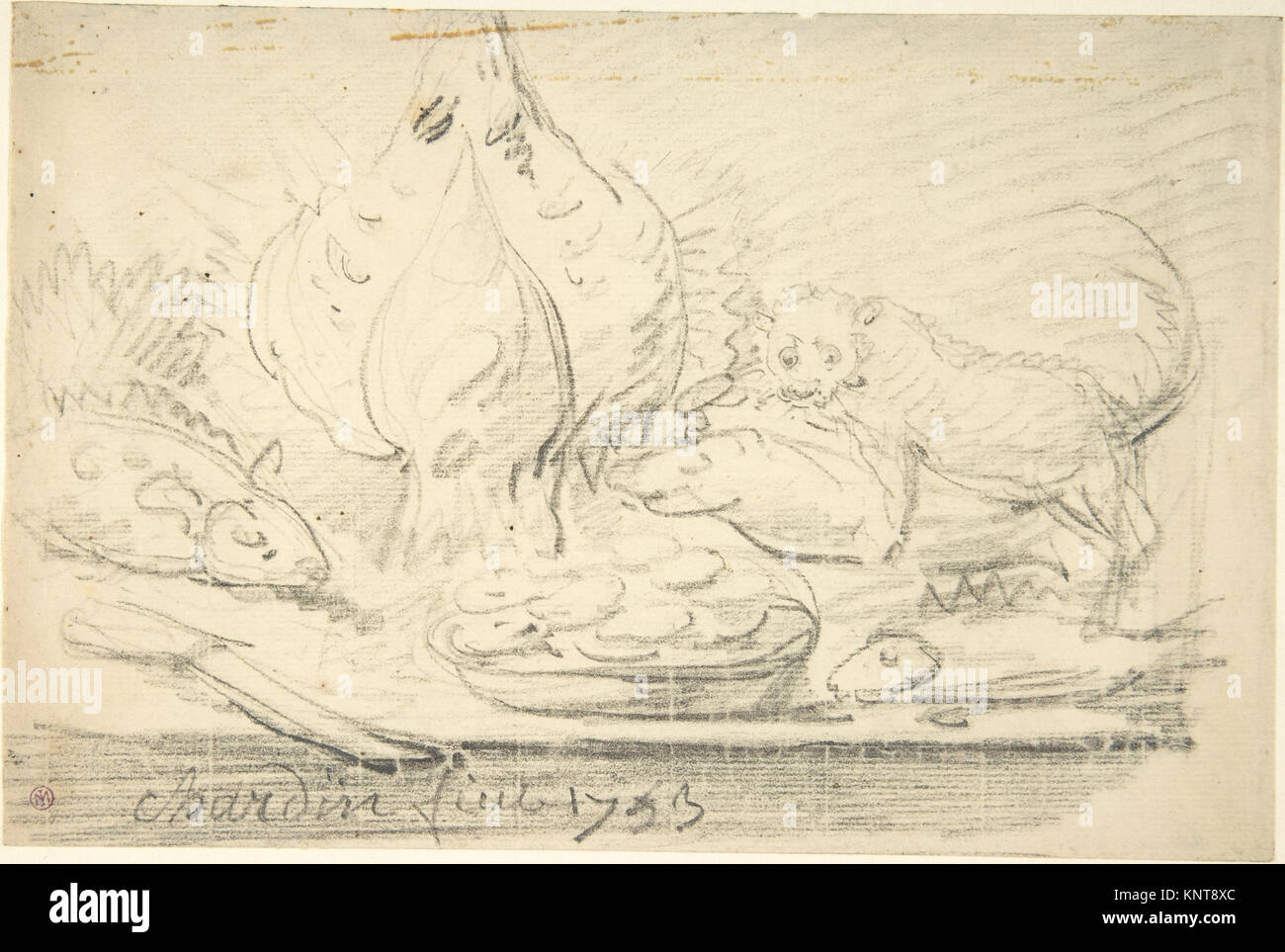 Illustration of a cat observing fish and fowl on a table, cataloged MET ...