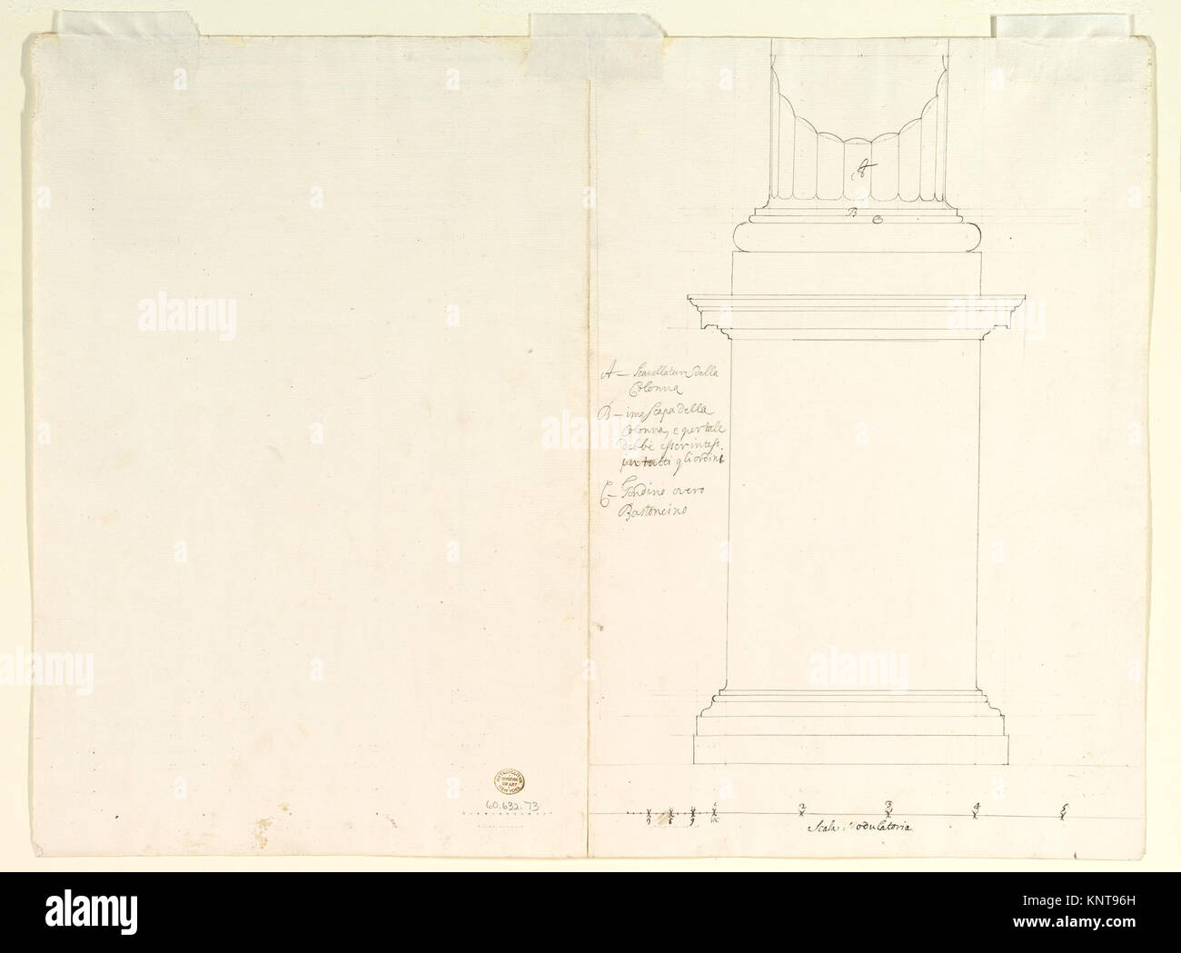 An architectural design showing an obelisk, partial elevation of a ...