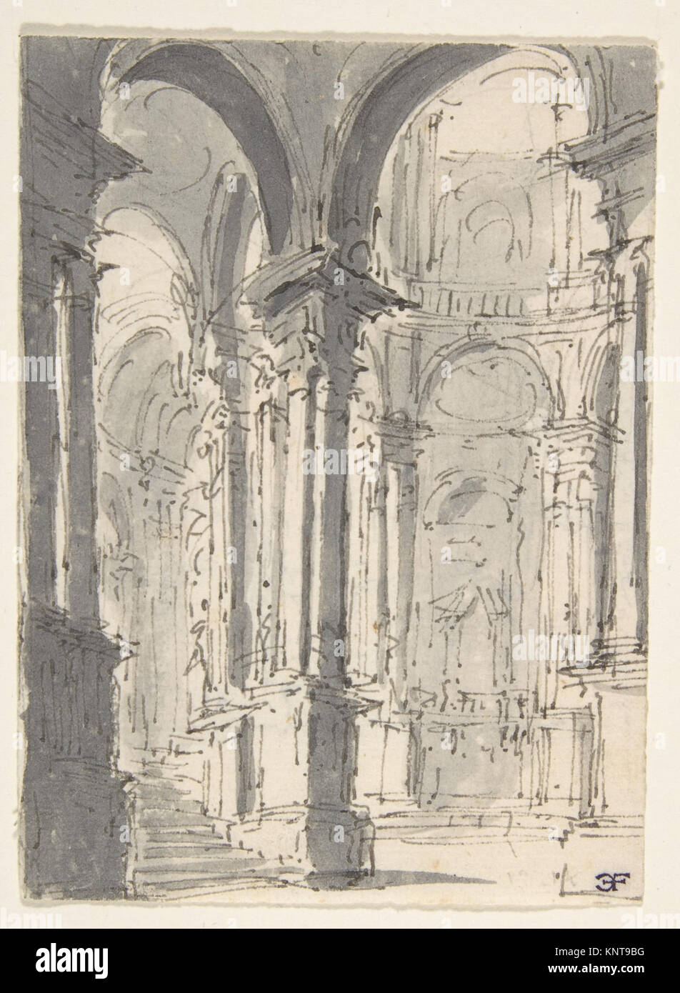 This illustration shows a stage set design with a circular arcade ...