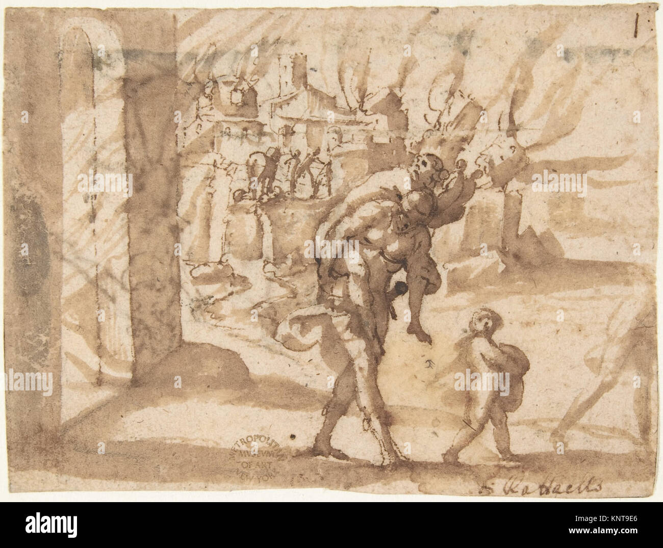Illustration of Aeneas carrying Anchises during the burning of Troy ...