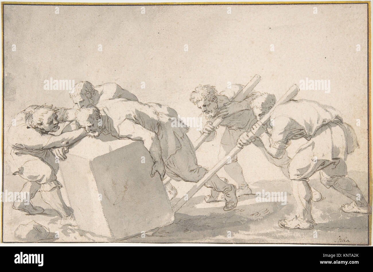 Depiction of five men pushing a large block of stone, showing labor ...