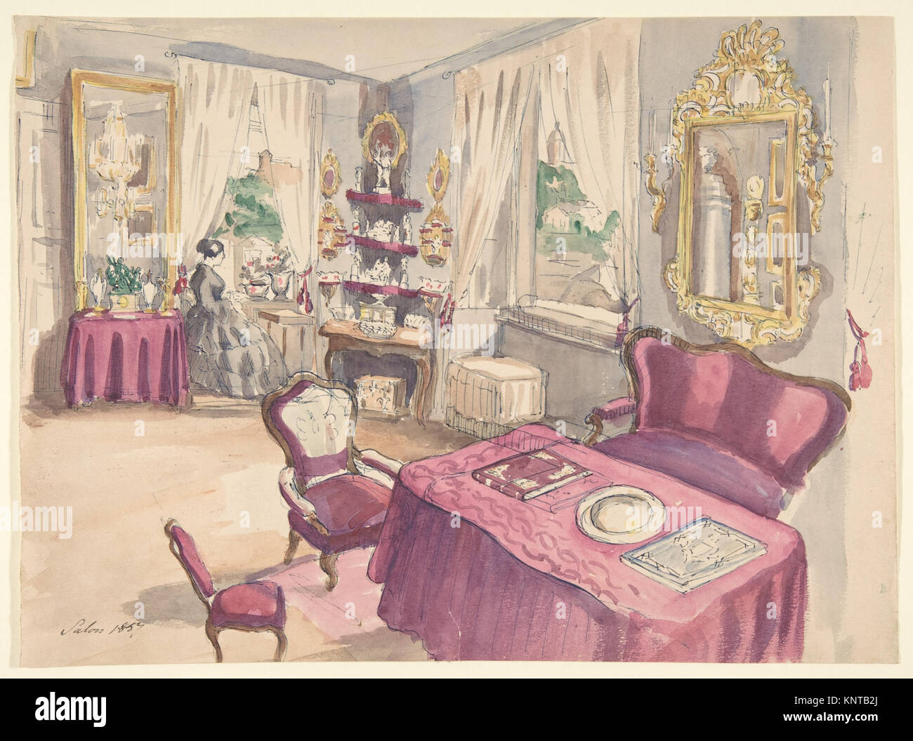 Drawing depicting the interior of a salon, showing architectural ...