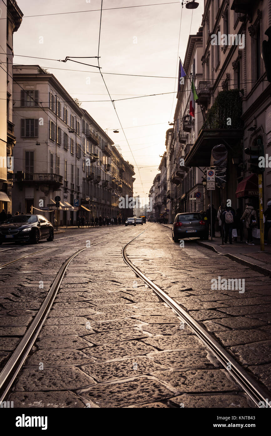 Perspective Tram Rail Lines Sunset Milan Italy Winter 2016 Warm ...