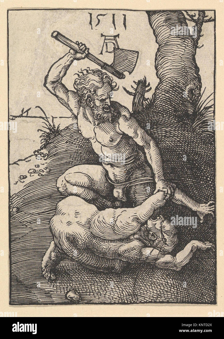 Illustration depicting Cain killing Abel, showing the biblical figures, action, and violent ...