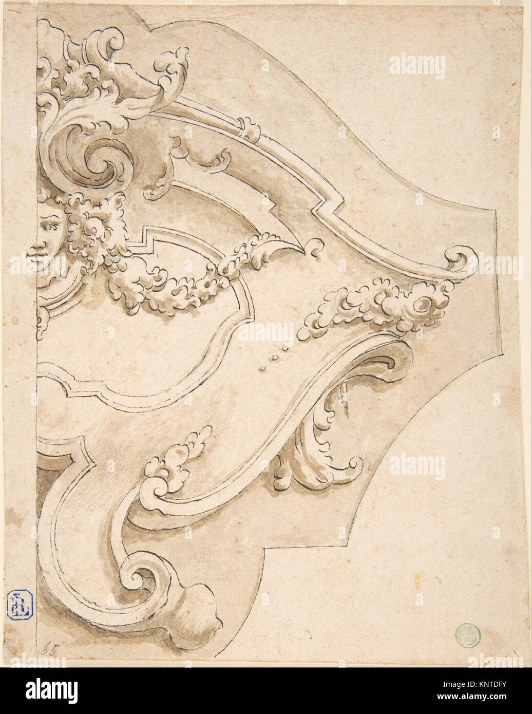 Drawing depicting a design for a half cartouche featuring a mask ...