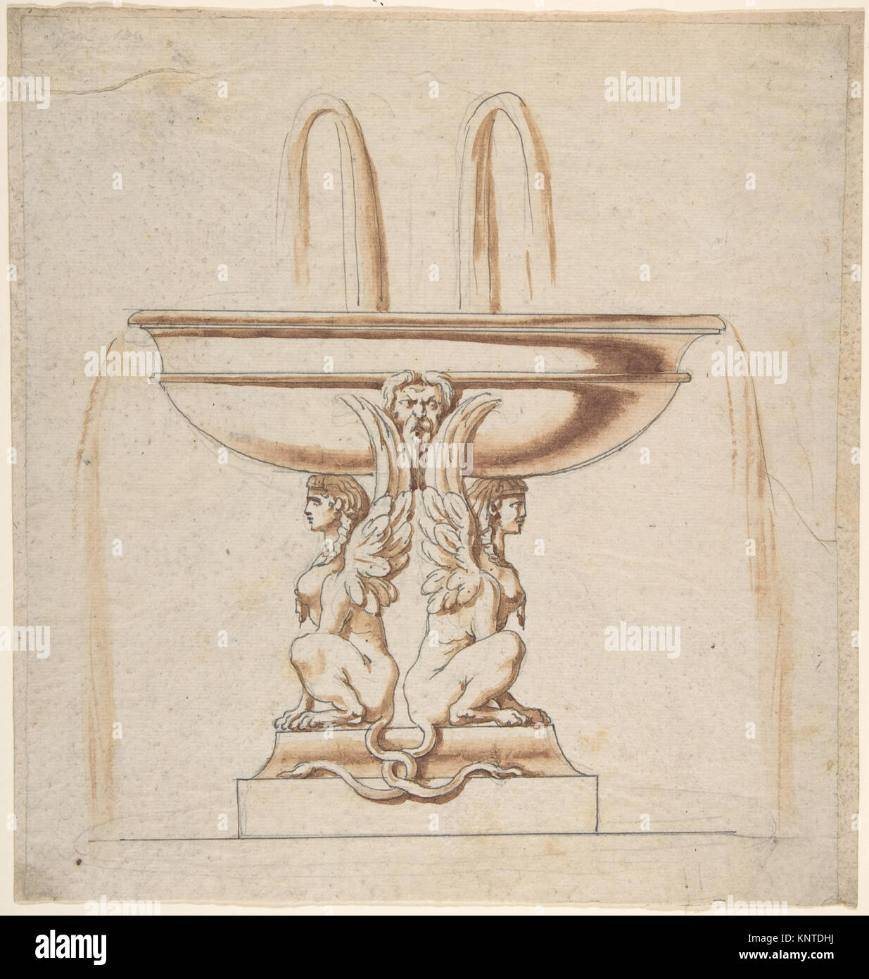Design drawing for a fountain featuring a bowl supported by two sphinx ...