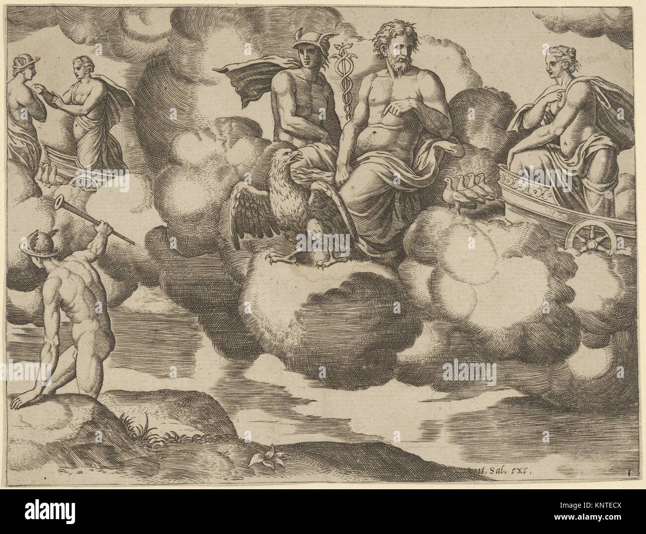 Venus in her dove-drawn chariot complaining to Jupiter who is ...