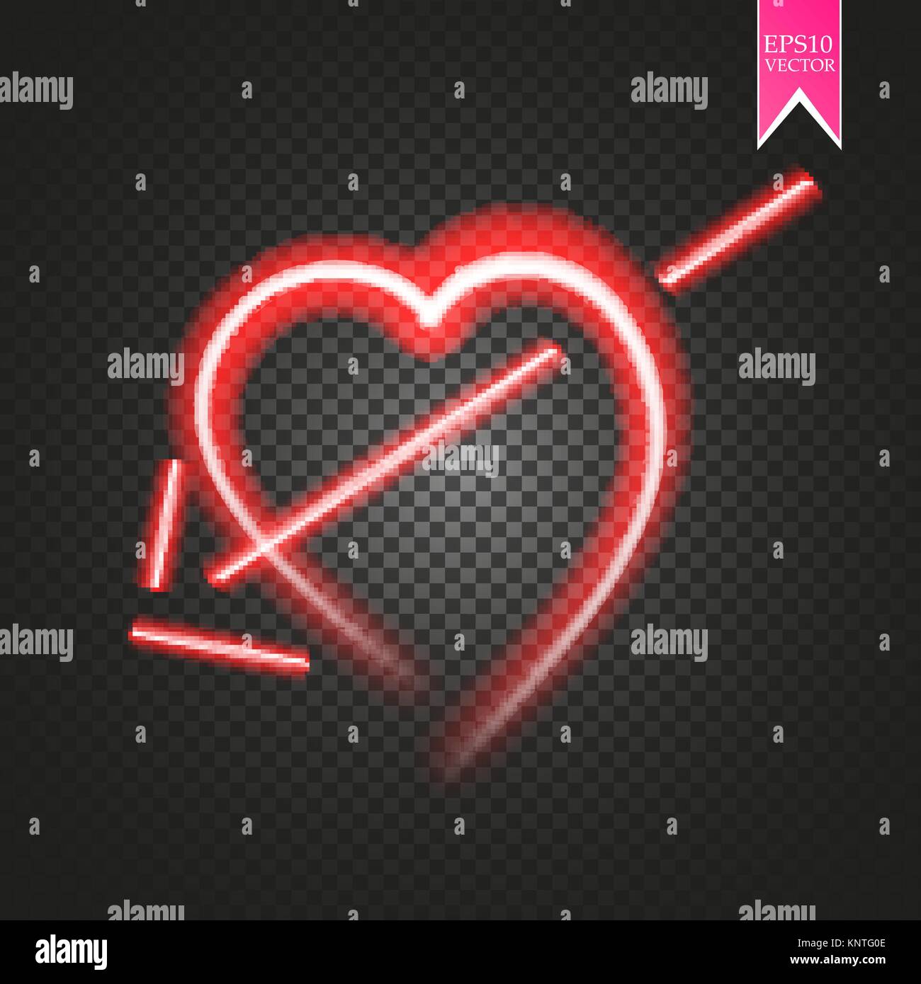 Bright neon heart. Heart sign with cupid arrow on dark transparent ...