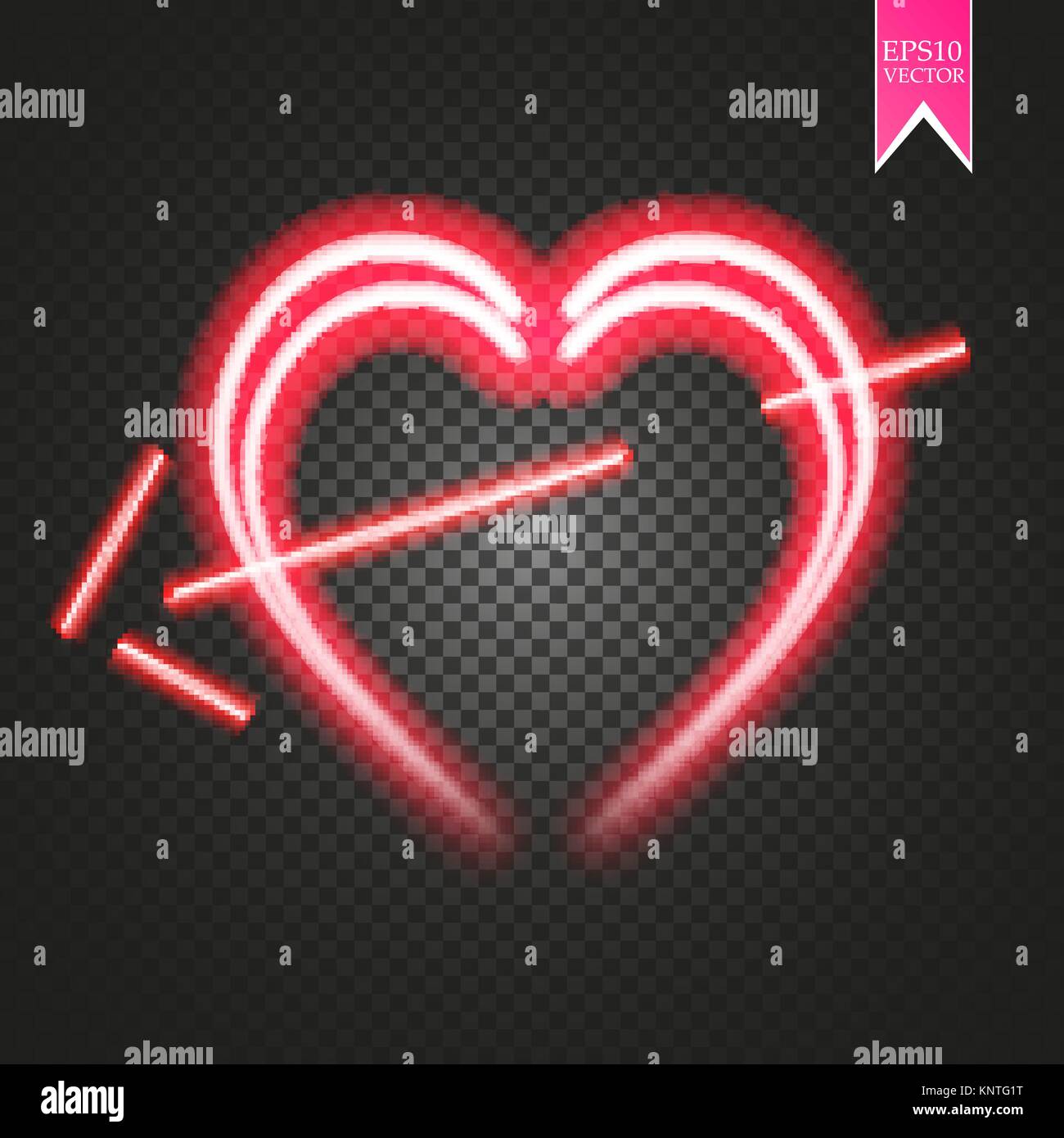 Bright neon heart. Heart sign with cupid arrow on dark transparent ...