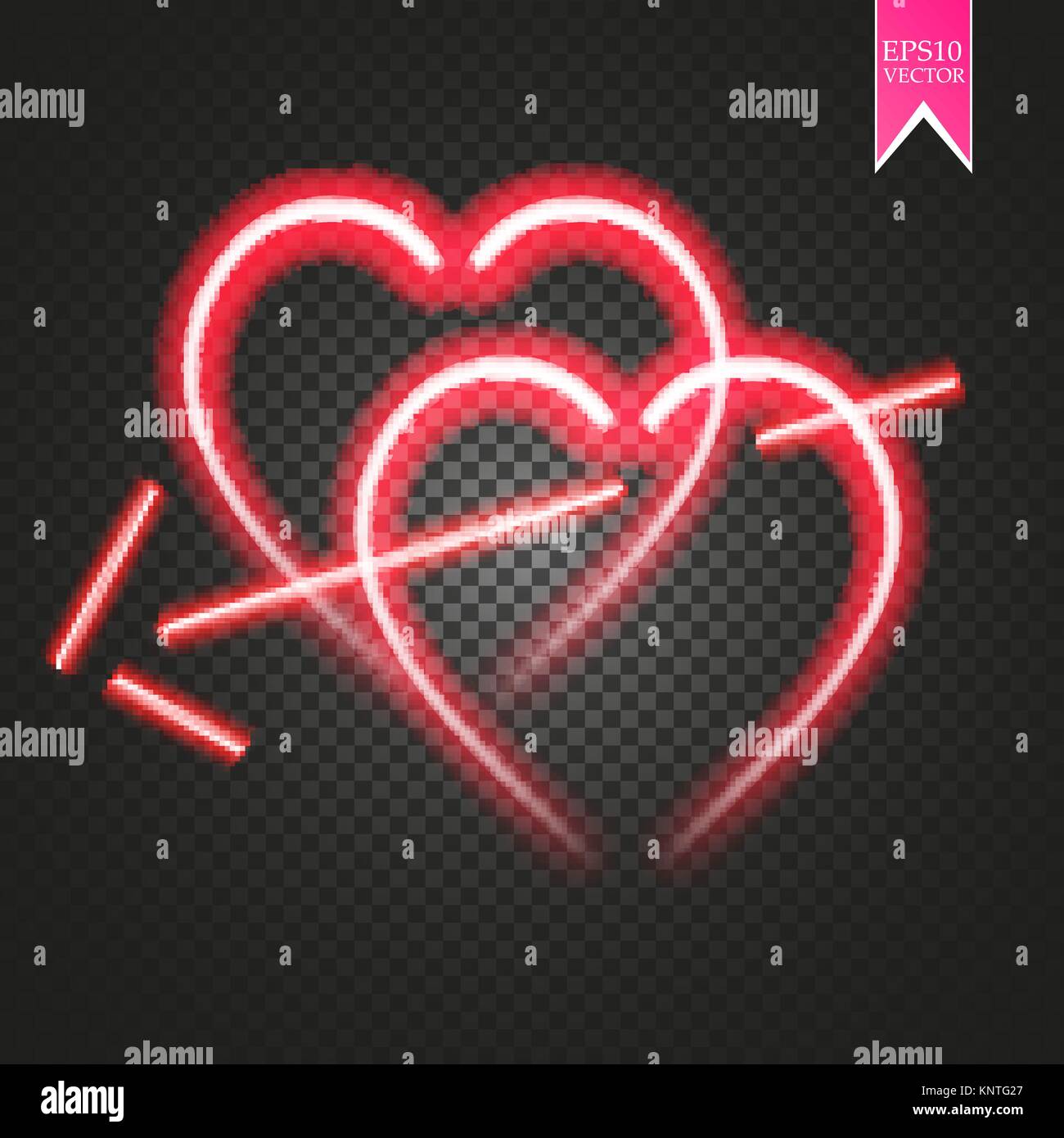 Bright neon heart. Heart sign with cupid arrow on dark transparent ...