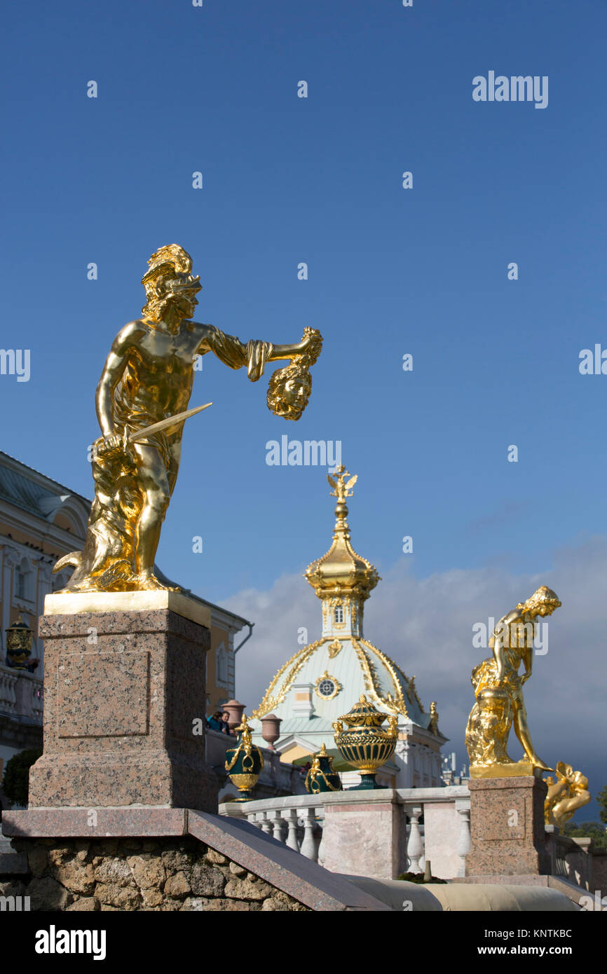 Statue of Perseus (left), West Chapel (background), Peterhof, UNESCO ...