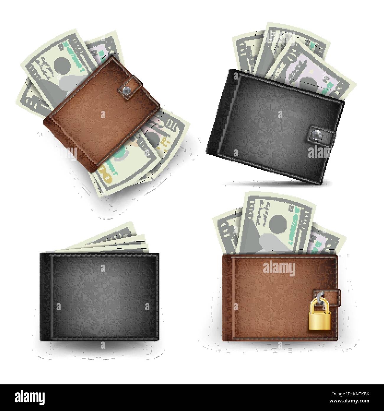 Wallet Set Vector. Dollar Banknotes. Realistic 3d Classic Brown And ...