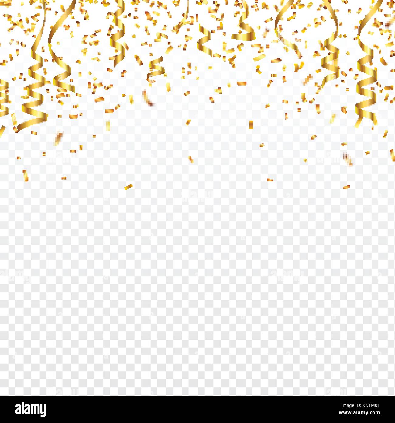Christmas golden confetti with ribbon. Falling shiny confetti glitters ...