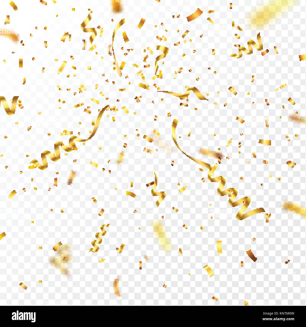 Christmas golden confetti with ribbon. Falling shiny confetti glitters ...