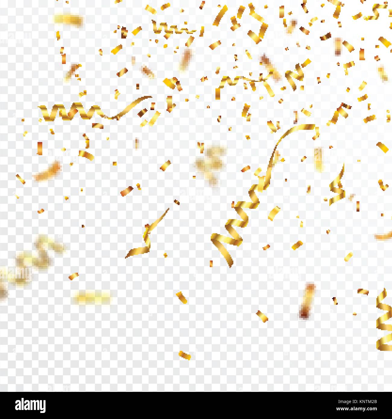 Christmas golden confetti with ribbon. Falling shiny confetti glitters ...
