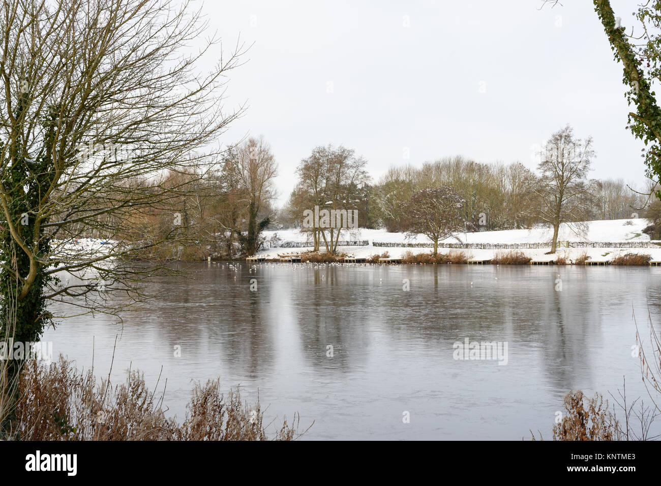 A wintery, snowy view of the icy Arrow Valley Lake Stock Photo - Alamy