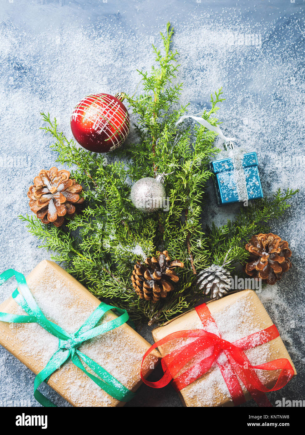 Christmas new year tree concept flat lay. Gifts and greetings Stock ...