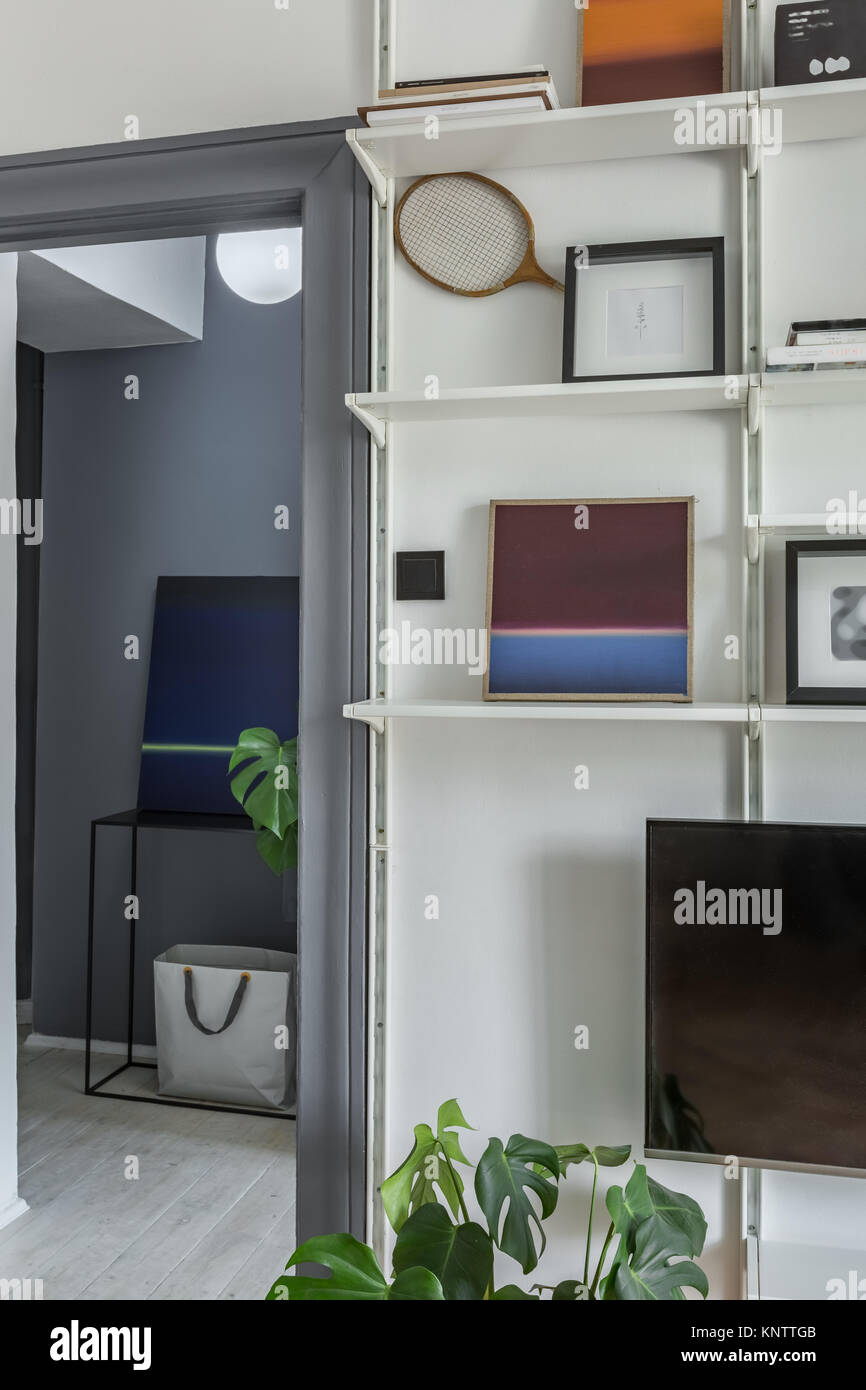 Wall of shelves in living room and passage to hallway Stock Photo - Alamy