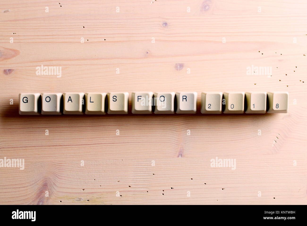 Goals for New Year 2018. Flat lay view from above on the table with computer keyboard keys ...