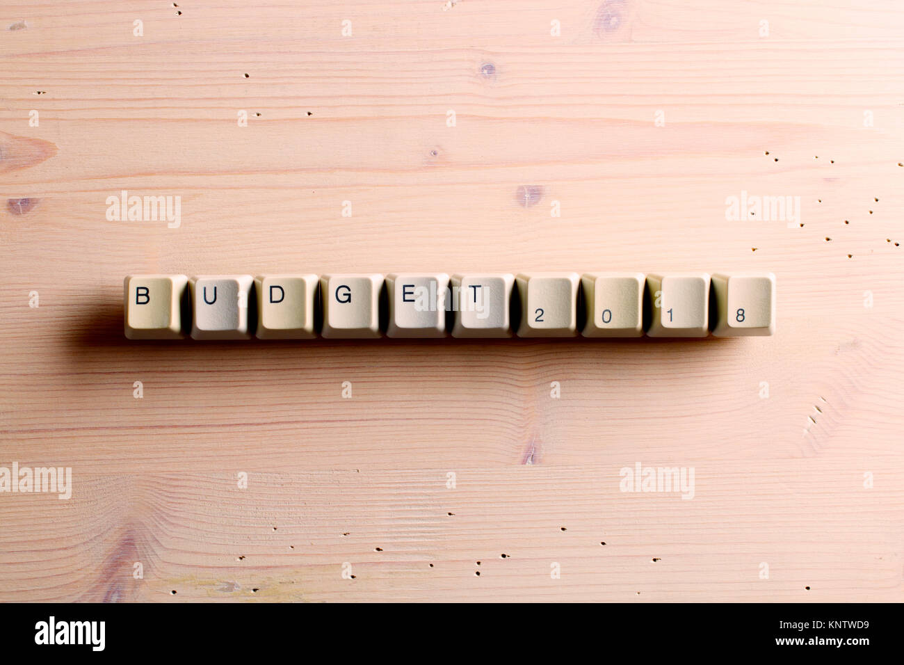 Budget 2018 new year. Flat lay view from above on the table with computer keyboard keys buttons ...