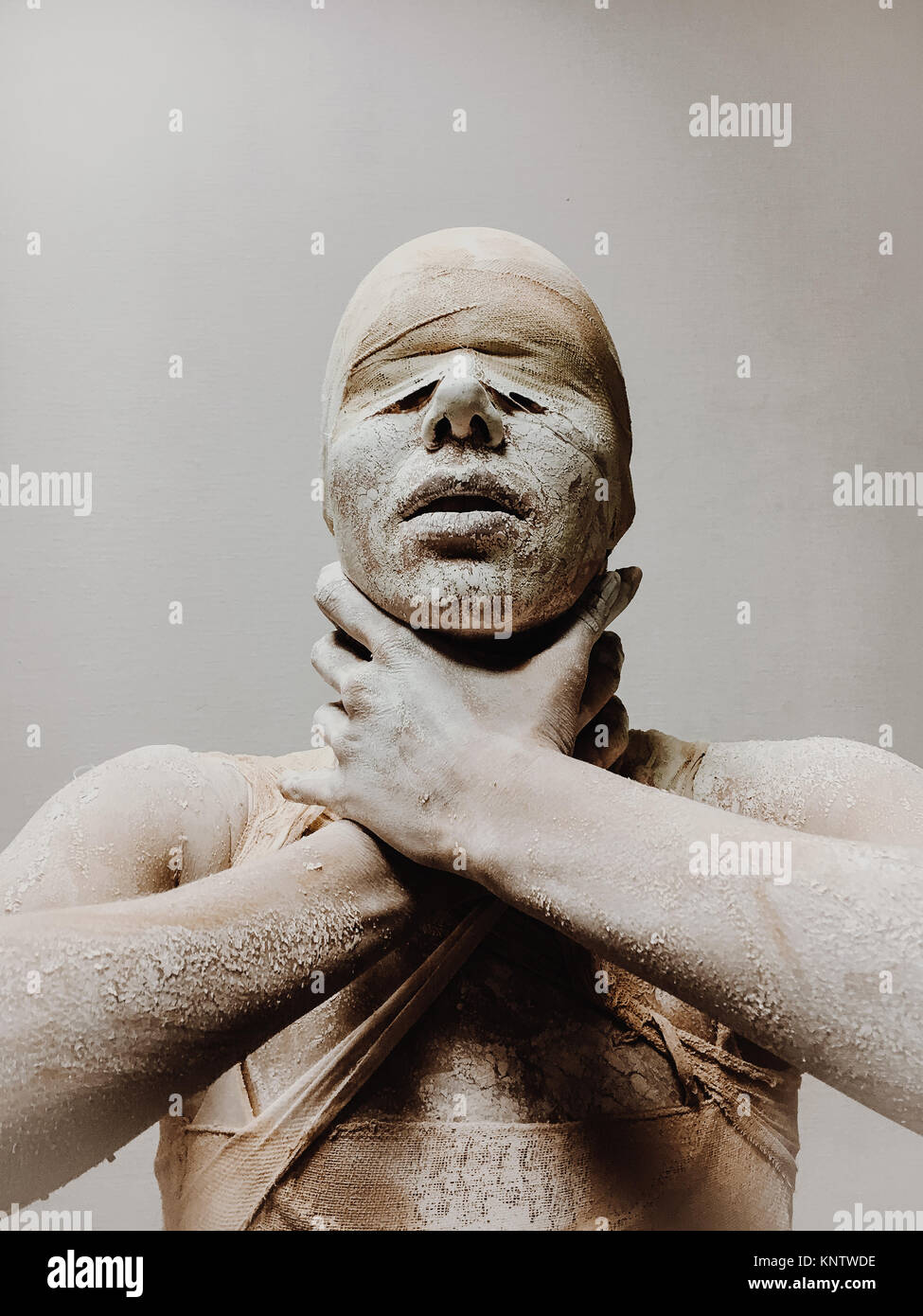 in makeup, a woman in bandages and clay is like a mummy without eyes on ...