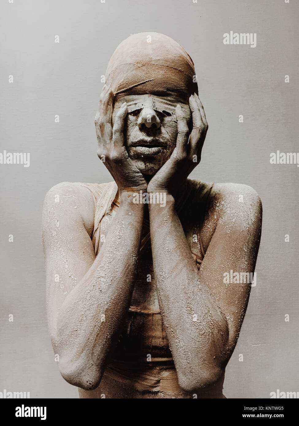 in makeup, a woman in bandages and clay is like a mummy without eyes on ...