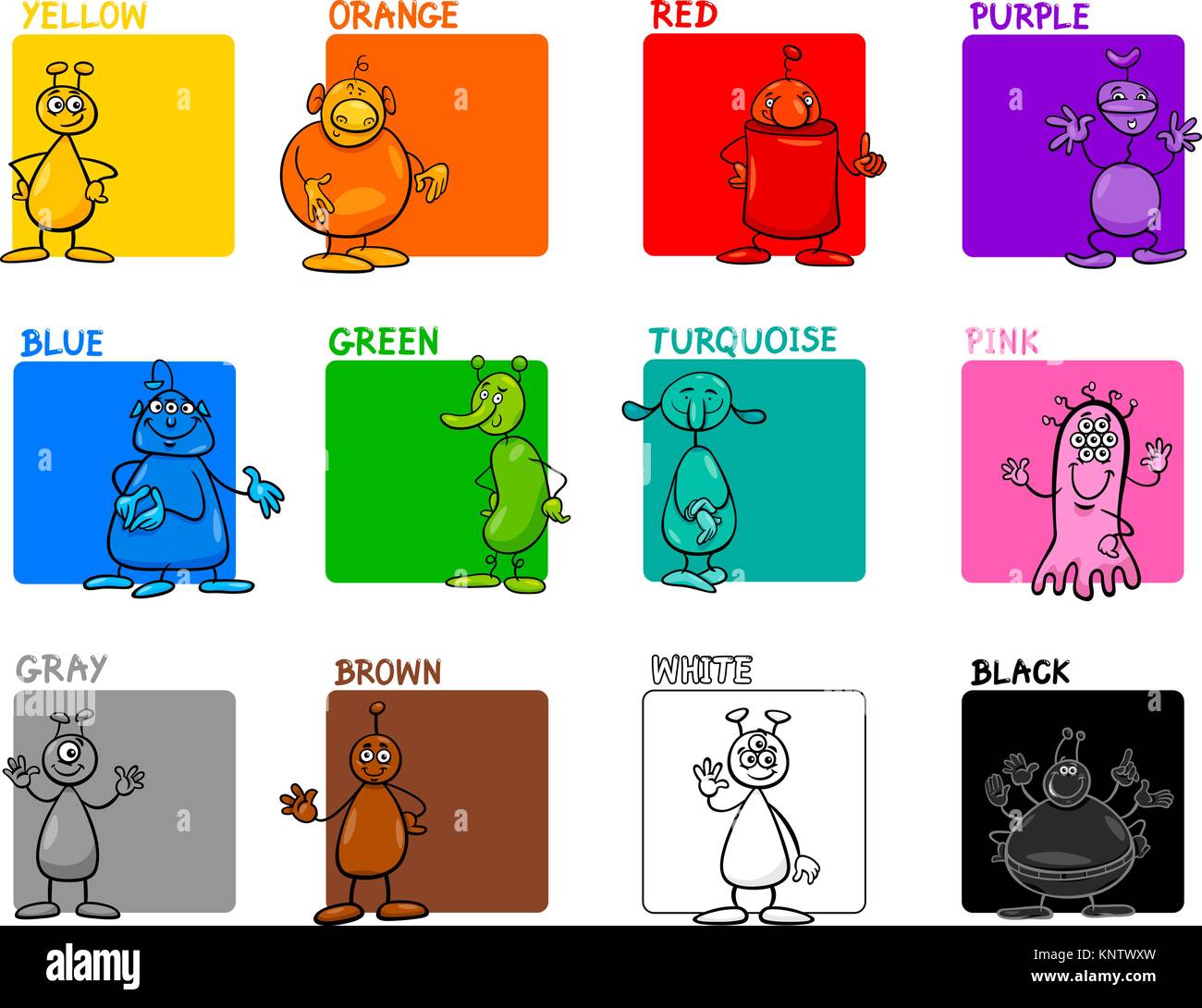 Cartoon Illustration of Main Colors with Fantasy Alien Characters ...
